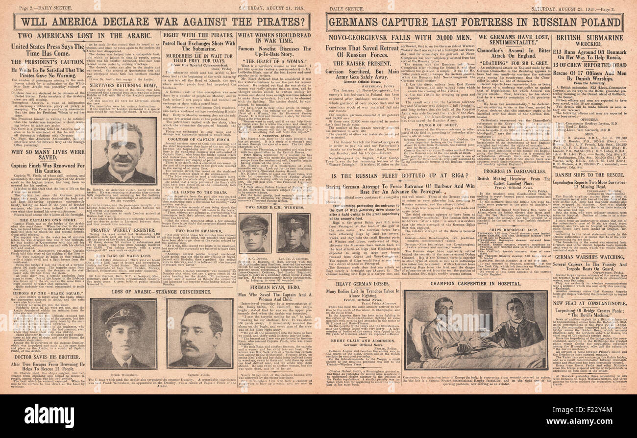 1915 Daily Sketch White Star Liner SS Arabic sunk by U-Boat Stock Photo ...