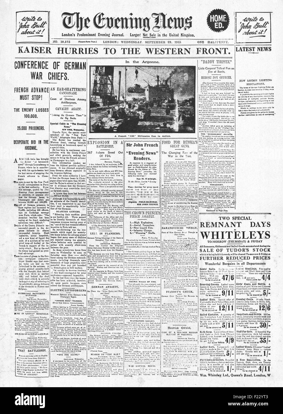 1915 Evening News Kaiser Wilhelm on the Western Front Stock Photo - Alamy