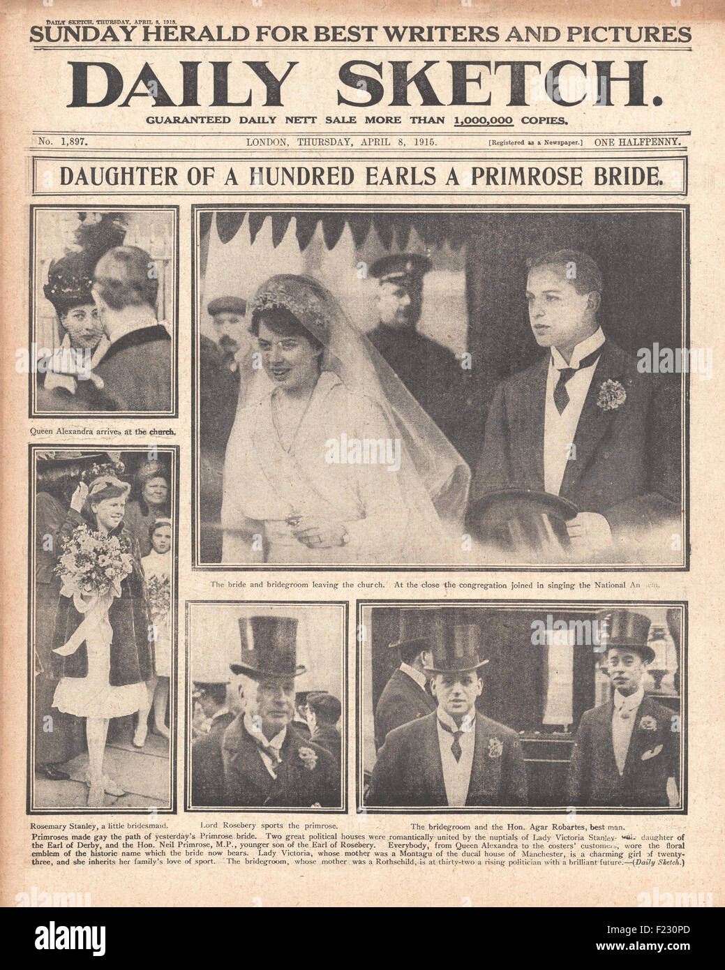 1915 Daily Sketch Wedding of MP Neil Primrose and Lady Victoria Stanley ...