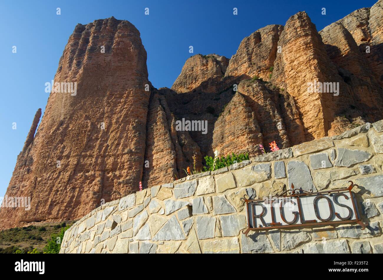 Rock spires known as Mallos de Riglos, Huesca, Aragon, Spain Stock ...