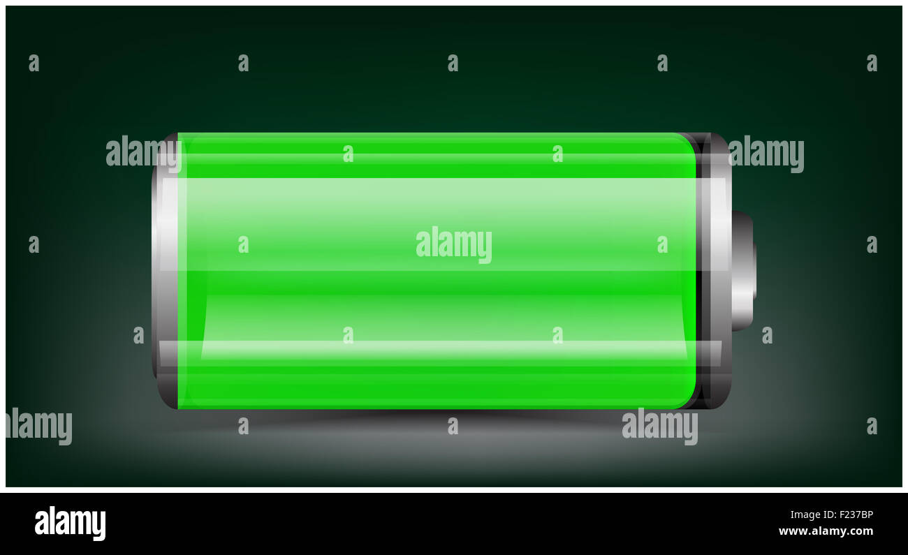 Vector transparent battery illustration. Full green battery on dark ...