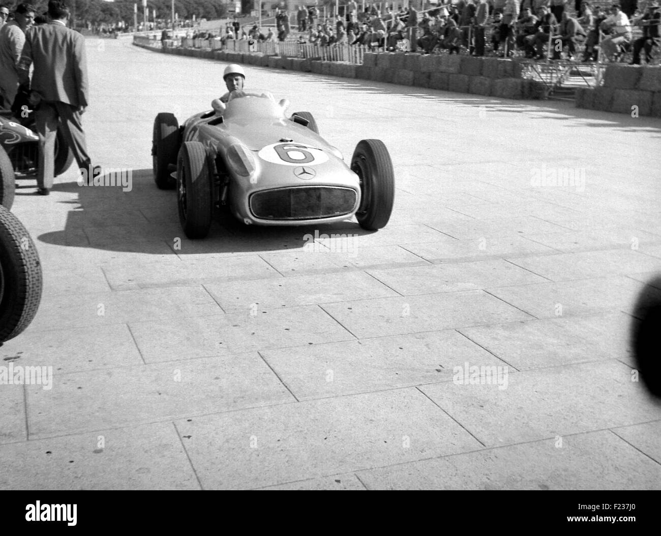 Stirling Moss in his Mercedes W196 entering the pits Monaco GP Monte ...