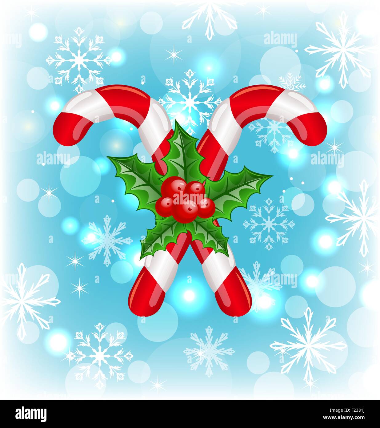 Christmas caramel canes with holly berry, glowing background Stock ...