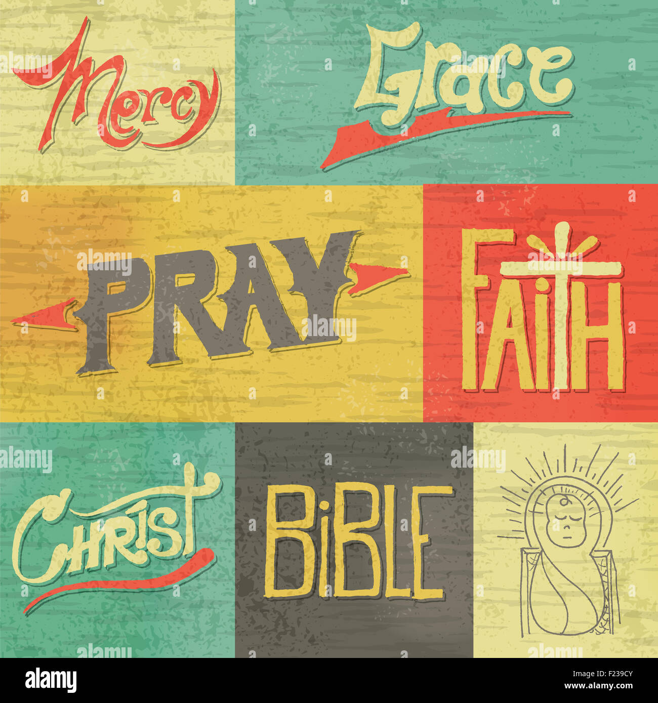 A set of vintage retro hand drawn images and words of Christian faith ...