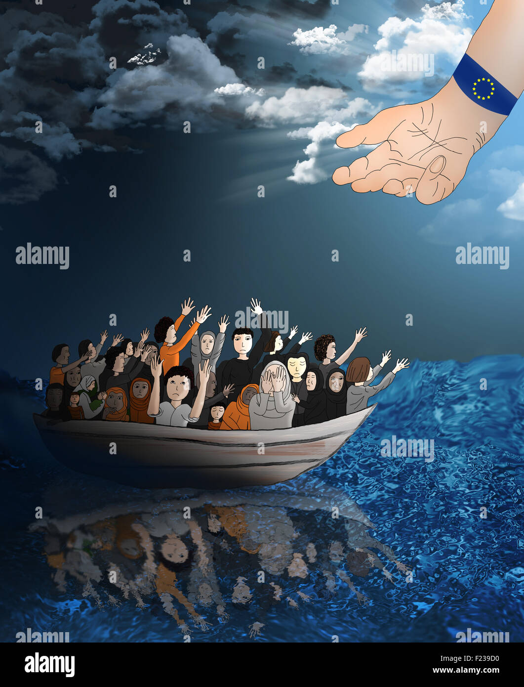 The hand of the EU reaching for refugees at sea Stock Photo - Alamy