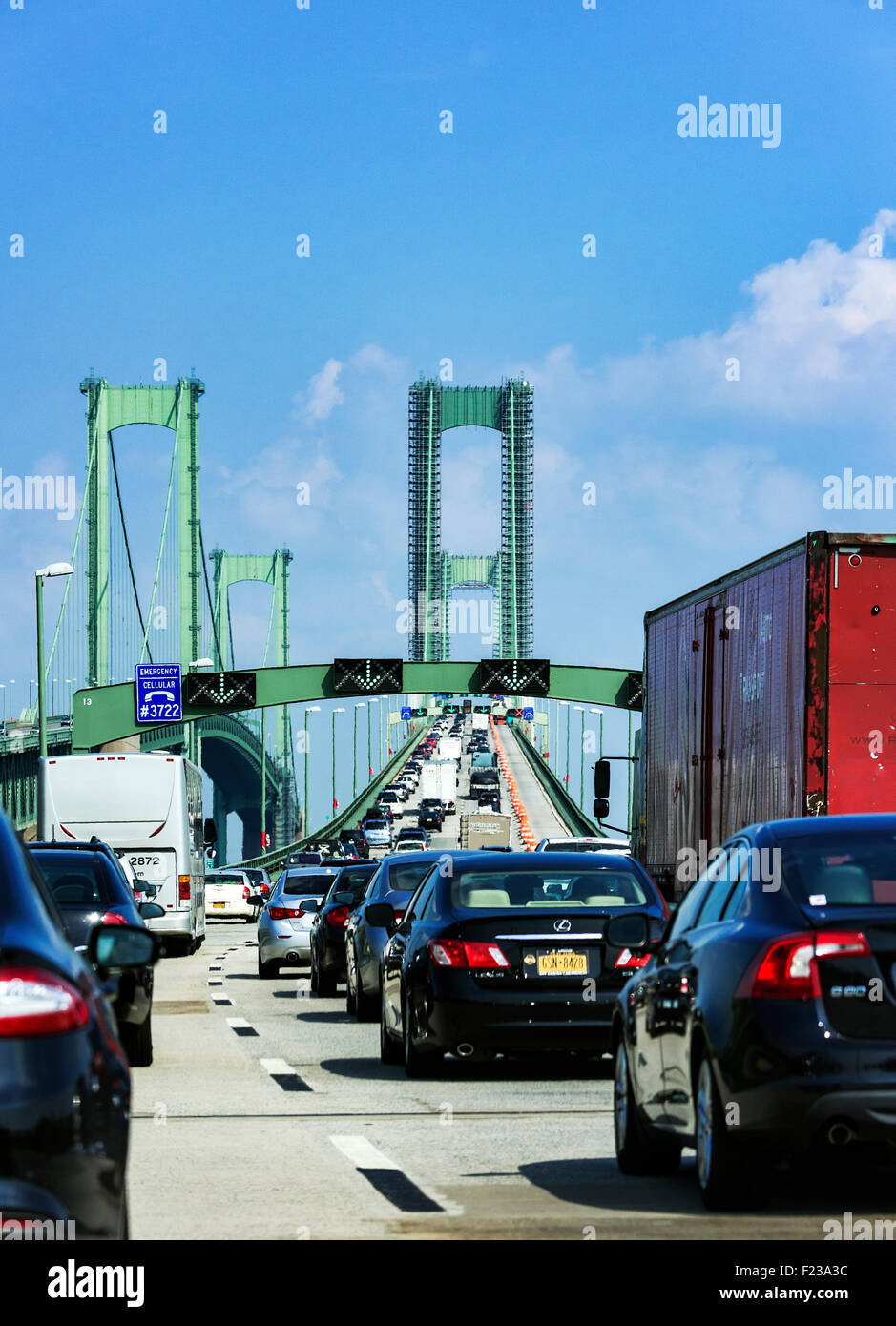 Heavy traffic crossing the Delaware Memorial Bridge, Delaware, USA ...