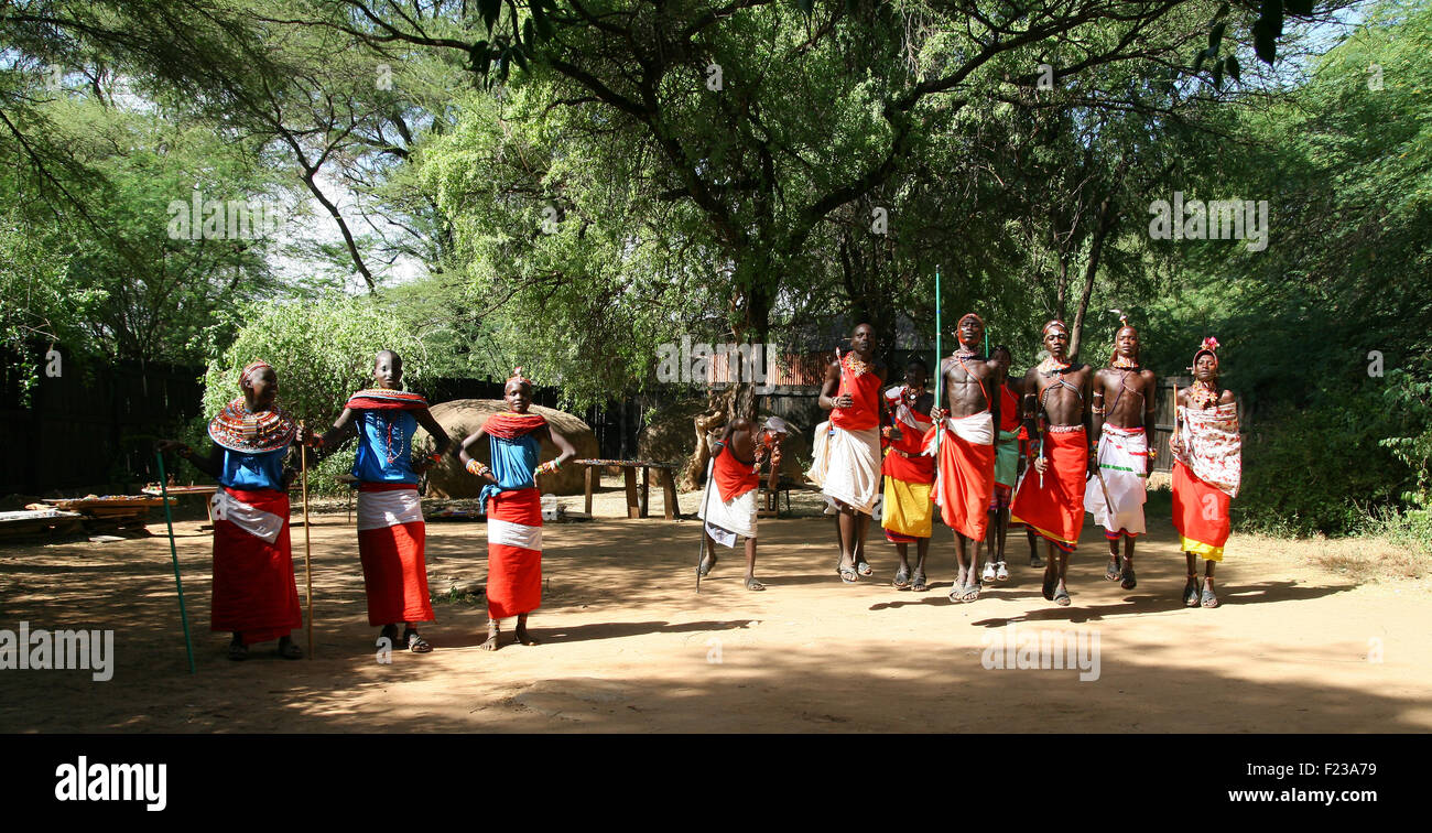 Group of unidentified African men from Samburu tribe show a traditional ...