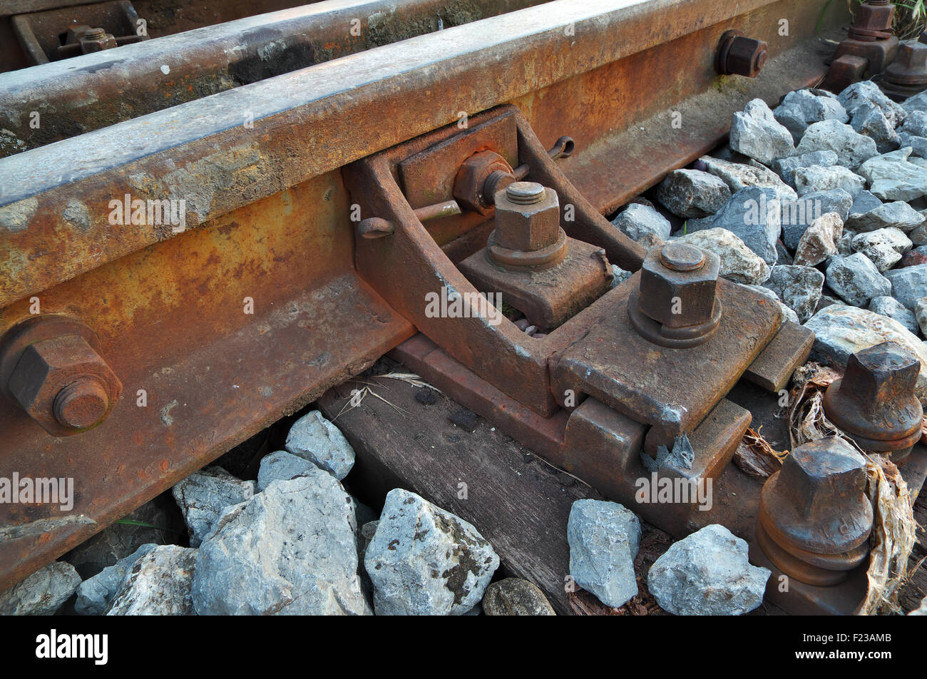 Rusty bolts and screws on a railroad track Stock Photo - Alamy