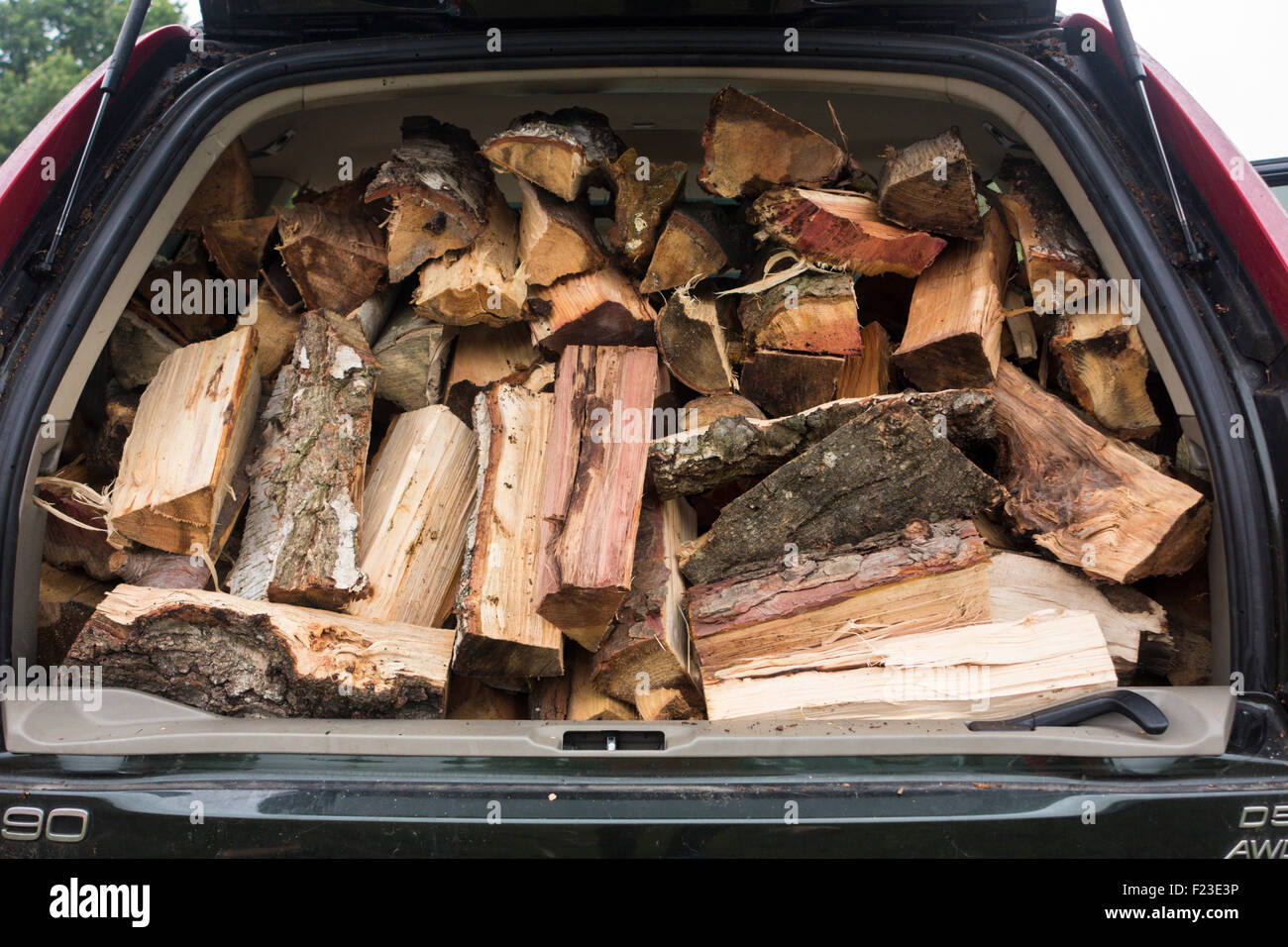 Wood for fuel in a fire loaded into a car in preparation for a cold ...