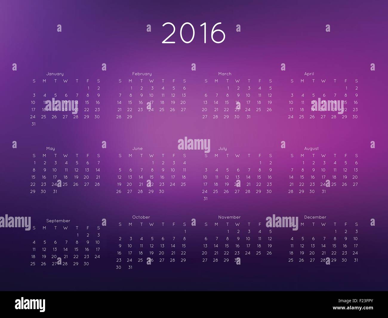 Calendar 2016 year with blurred background. Week starts from sunday ...