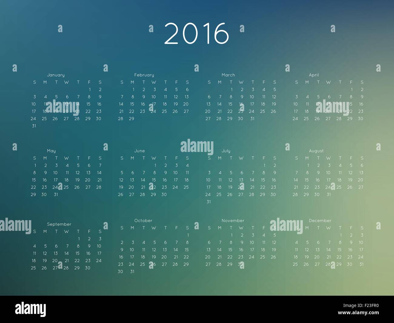 Calendar 2016 year with blurred background. Week starts from sunday ...
