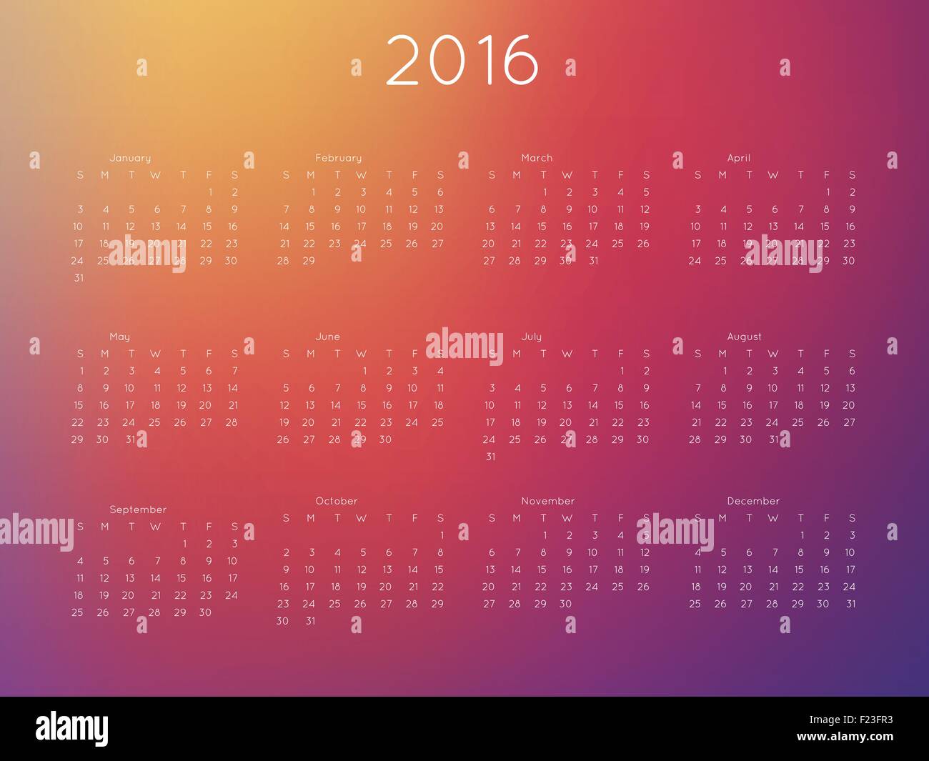 Calendar 2016 year with blurred background. Week starts from sunday ...