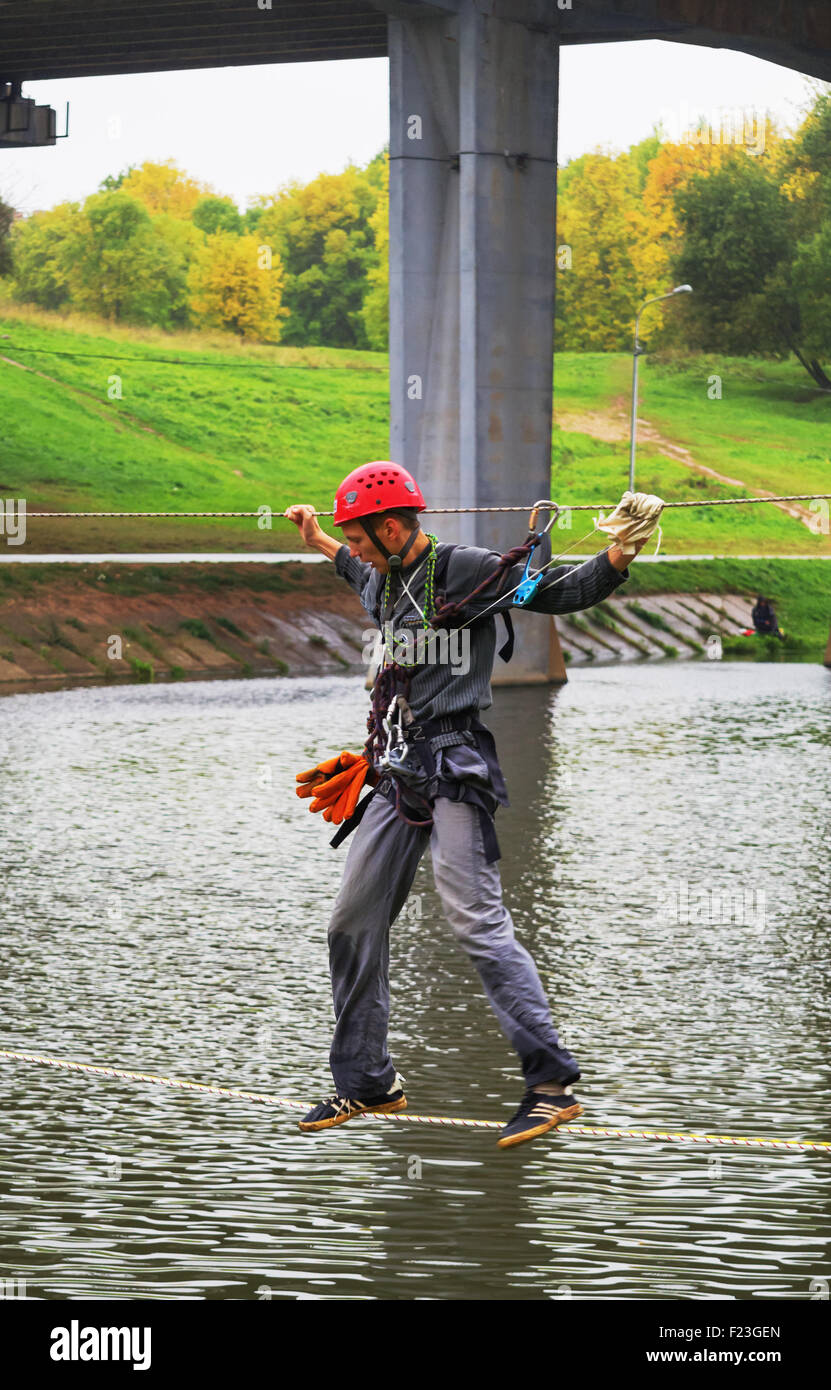 World Tourism Day.Sport tourism competition in park on the river Vitba ...