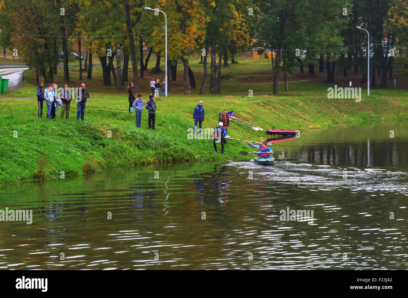 World Tourism Day.Sport tourism competition in park on the river Vitba ...