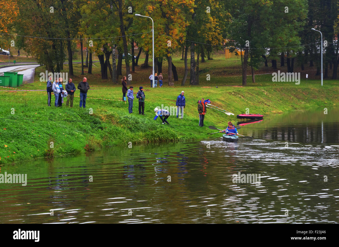 World Tourism Day.Sport tourism competition in park on the river Vitba ...