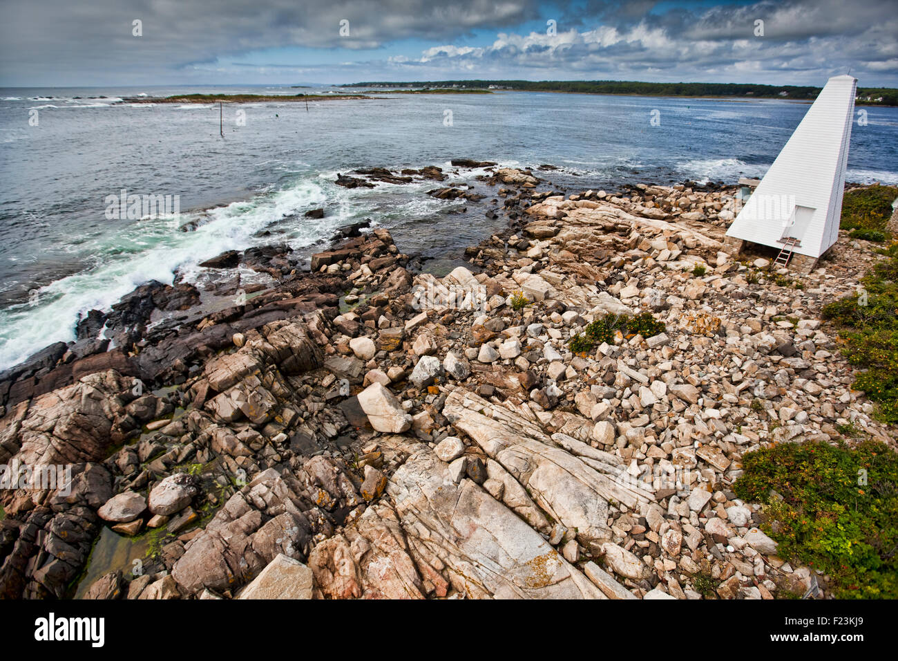 Aerial View of the rocky shoreline of Goat Island seen from the ...