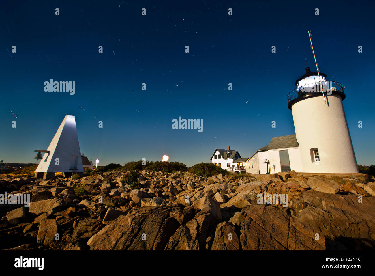 A Long Exposure nighttime photograph of the Goat island Lighthouse with ...