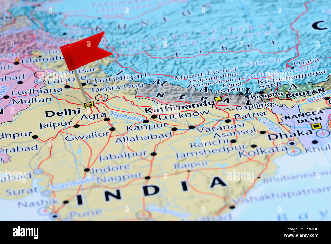Delhi pinned on a map of Asia Stock Photo - Alamy