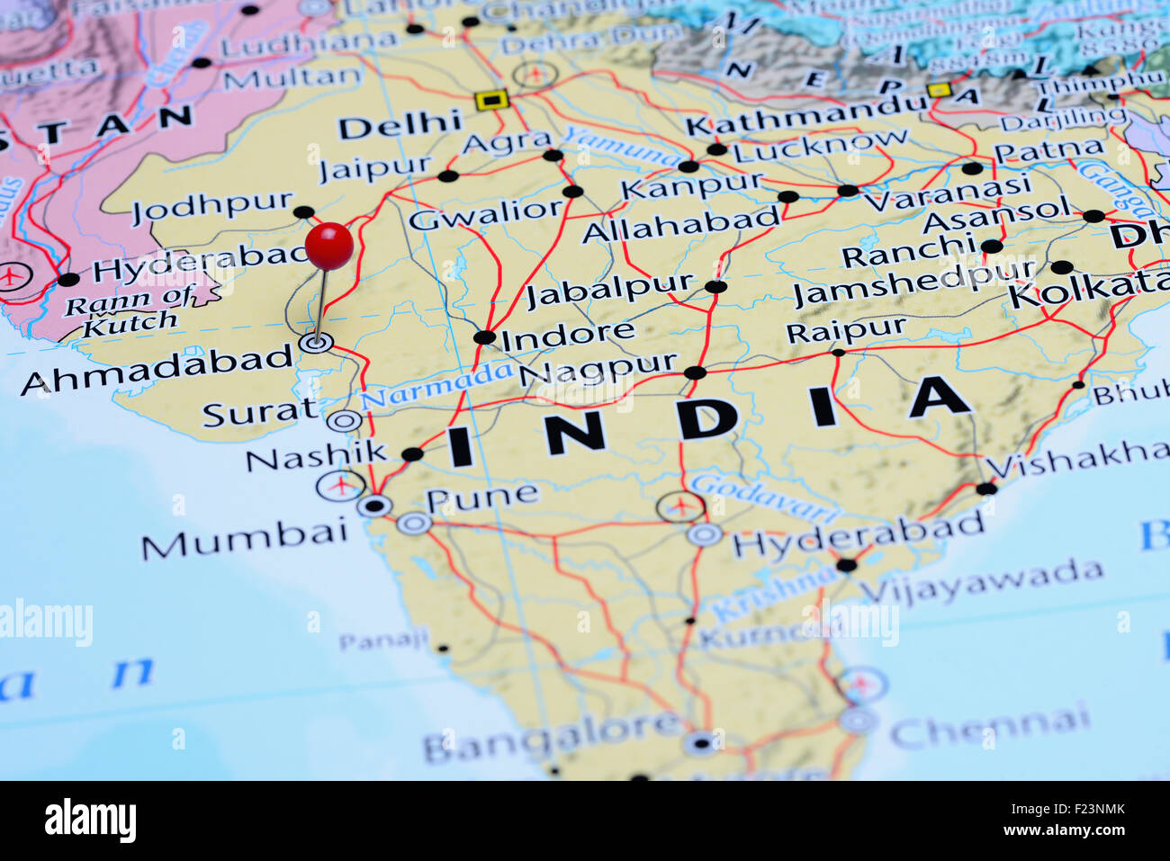 Ahmadabad pinned on a map of Asia Stock Photo - Alamy