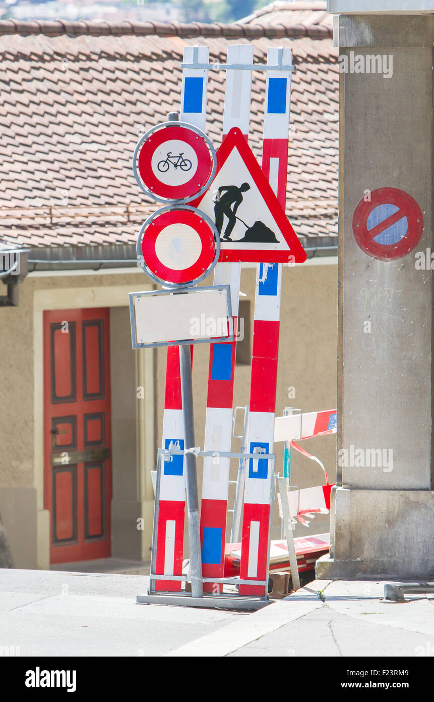 Road signs in a street under reconstruction, Switzerland Stock Photo ...