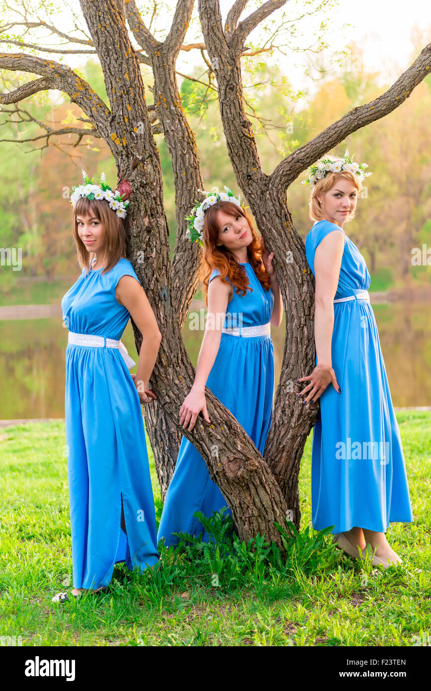 Girls around a tree near the lake on a summer evening Stock Photo - Alamy