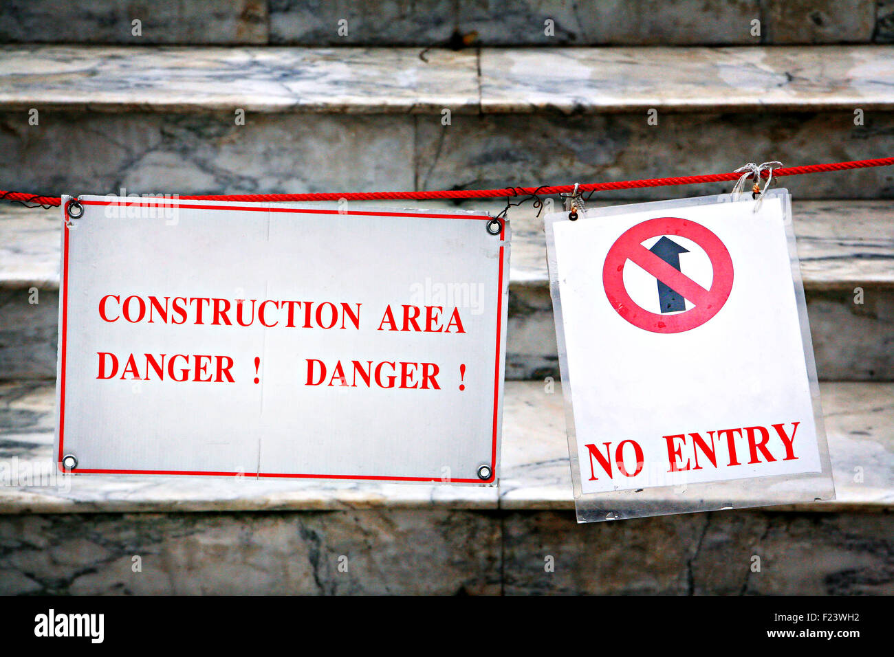 Signs announce that construction has been banned from entering inside ...