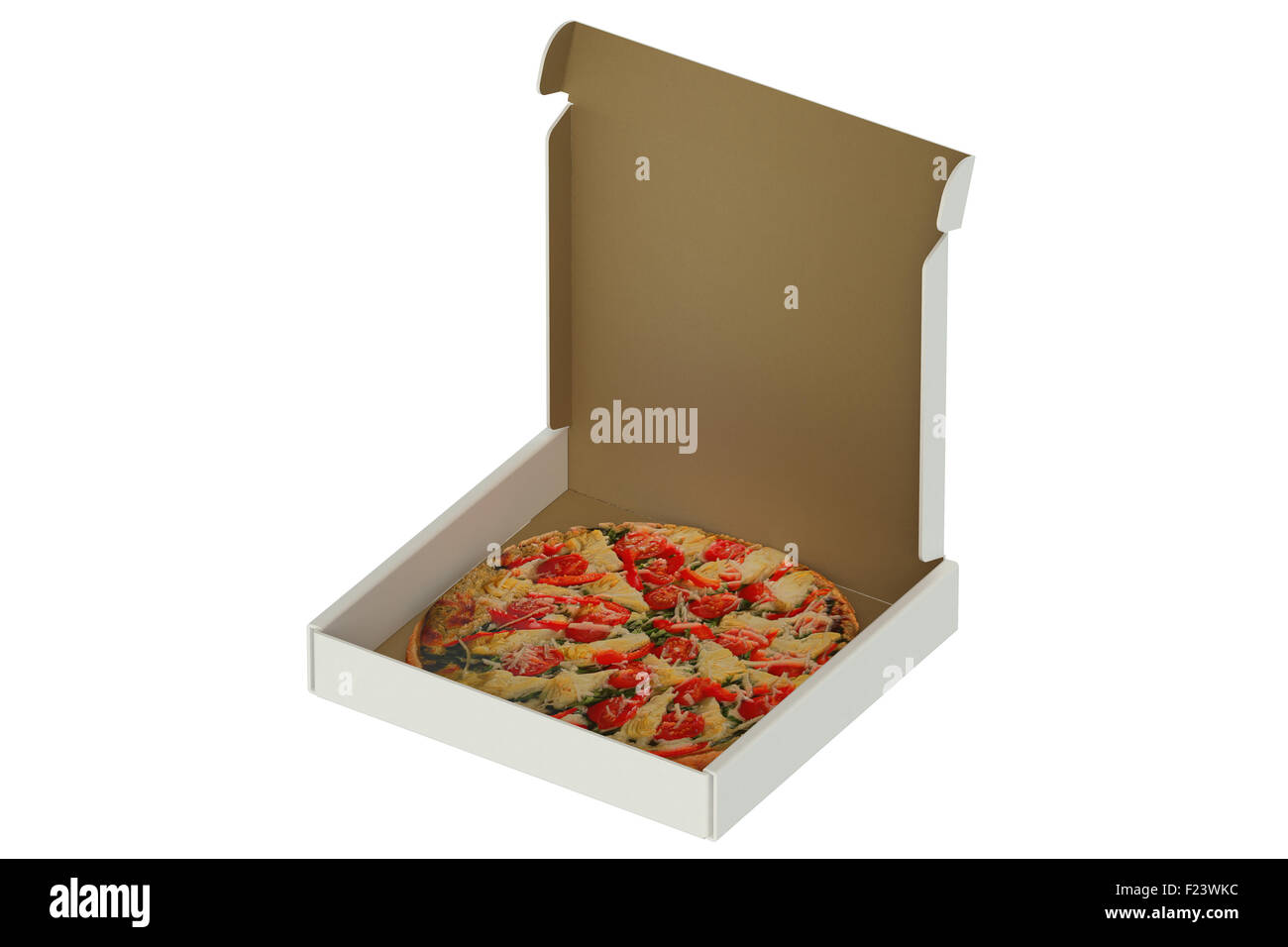 Opened pizza box isolated on white background Stock Photo - Alamy