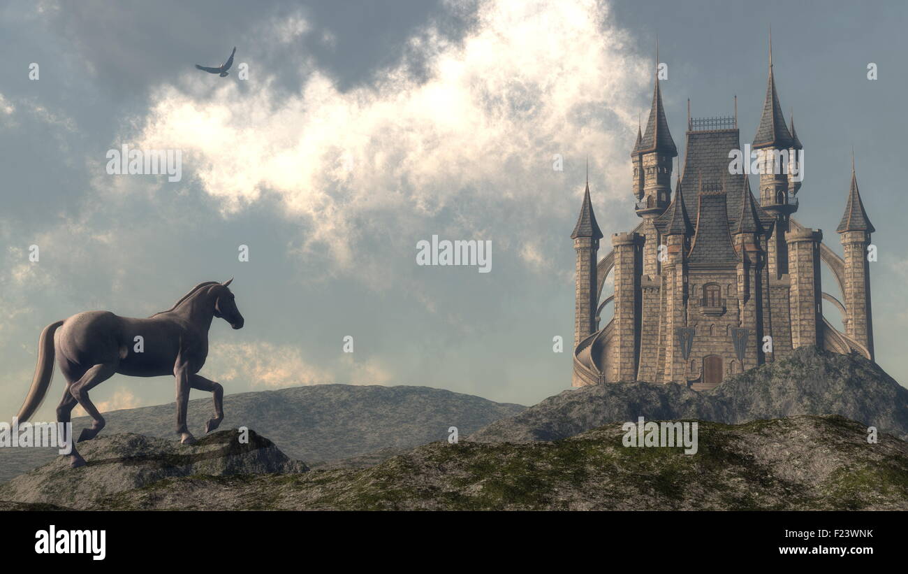 Beautiful horse arriving at the castle upon a rocky hill by day - 3D ...