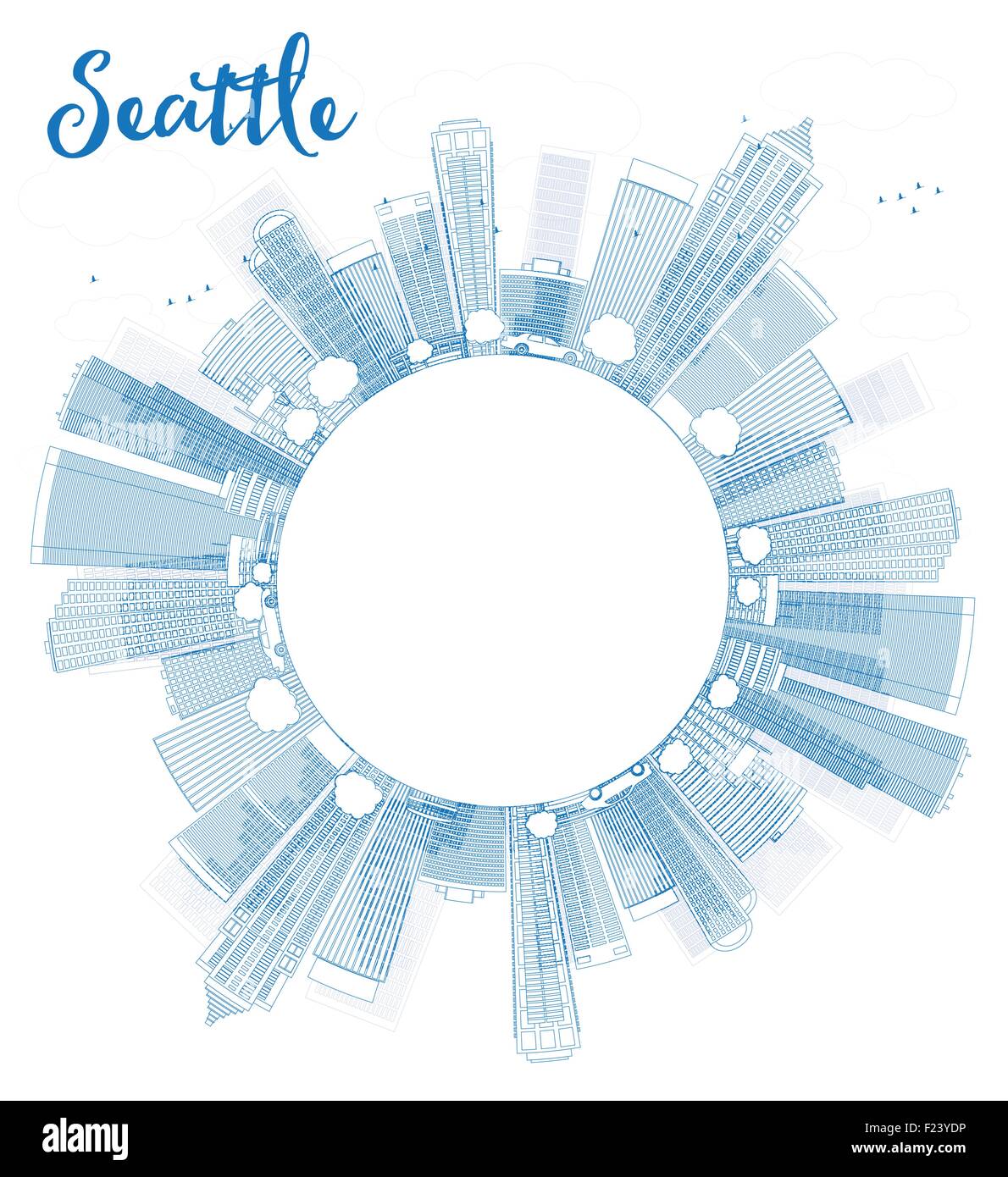 Outline Seattle City Skyline with Blue Buildings and copy space. Vector ...