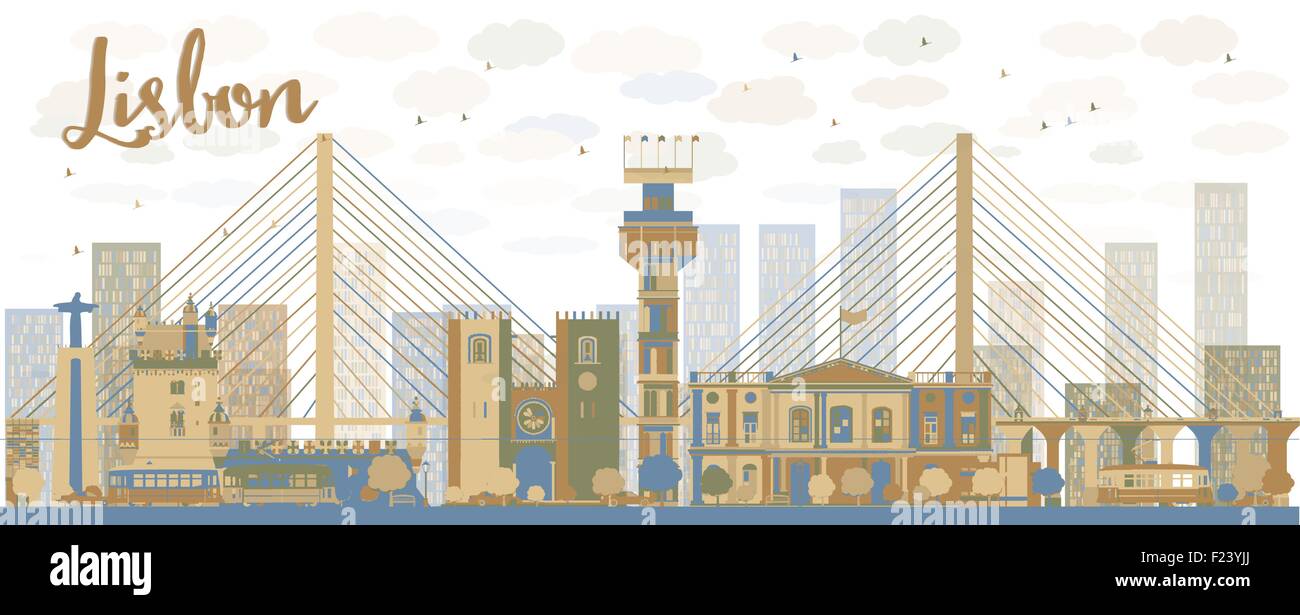Abstract Lisbon city skyline with brown and blue buildings. Vector ...