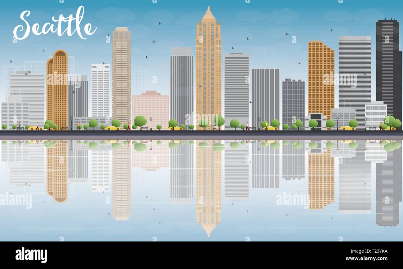 Seattle City Skyline with Grey Buildings, Blue Sky and reflections ...