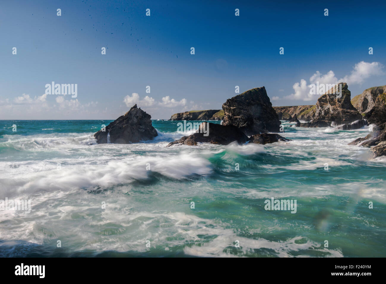 Coastal landscape of Bedruthan steps at high tide North Cornwall Stock ...