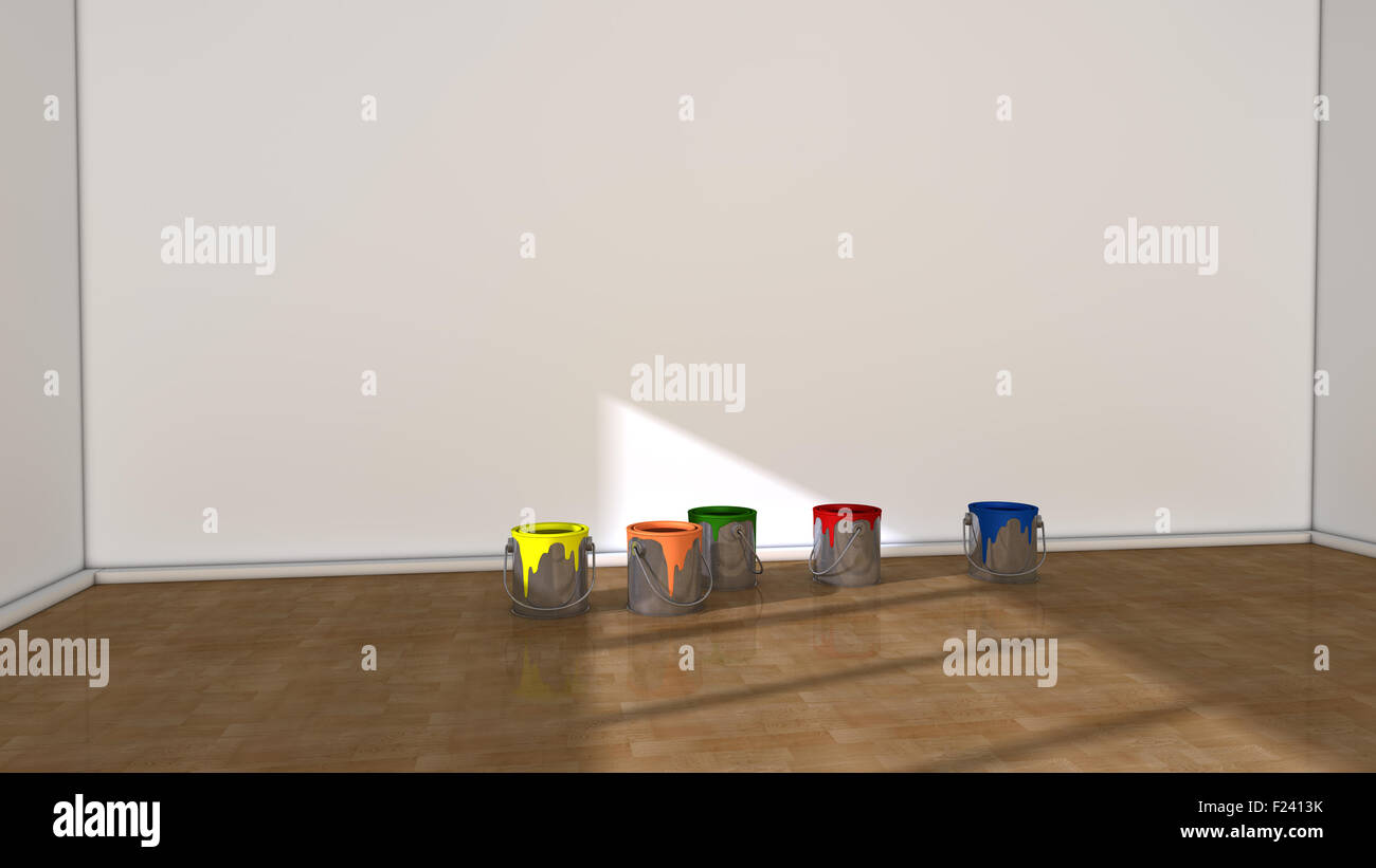 Interior room and paint cans Stock Photo - Alamy