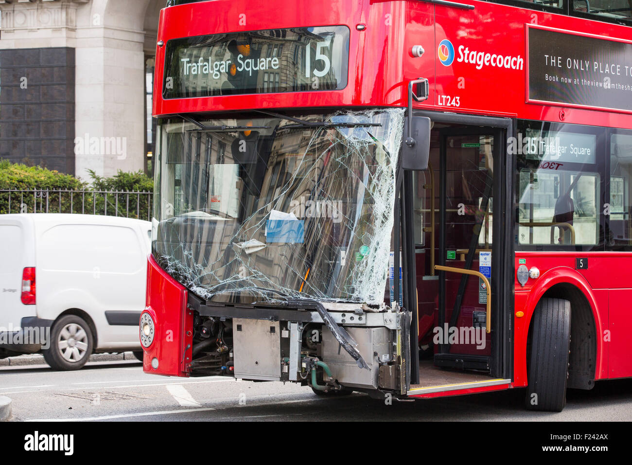 A London Bus With A Smashed Windscreen After It Ran Into The Back Of