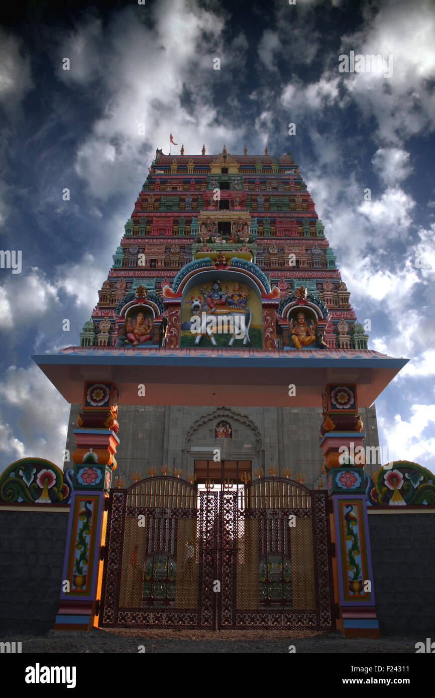 An ancient Indian temple gate with south Indian traditional ...