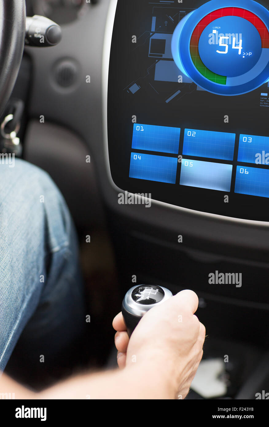 hand on car gearshift and screen with volume level Stock Photo - Alamy