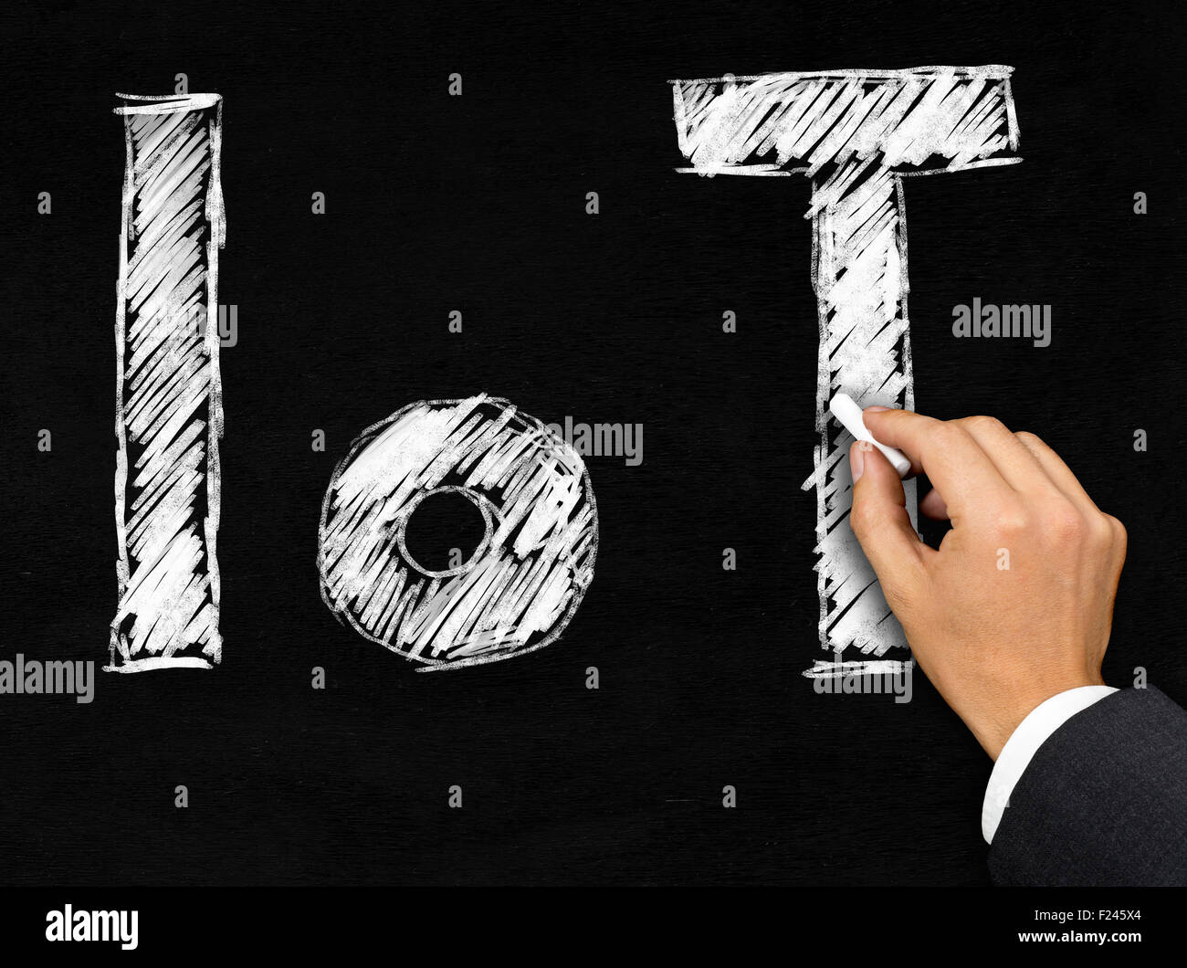 Man drawing IoT (internet of things) text on blackboard with chalk ...