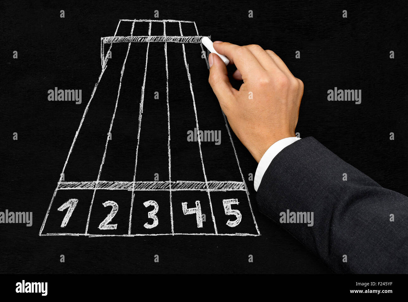Businessman pointing on finish line of chalk drawing of a racetrack ...