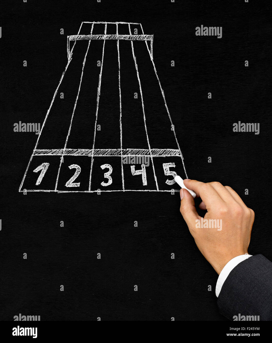 Businessman pointing on start line of chalk drawing of a racetrack ...