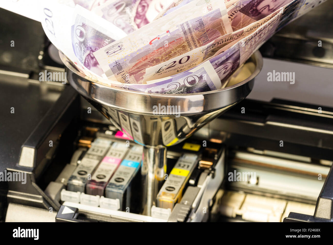 Inkjet printer with ink cartridge replaced by metal funnel and £20 ...