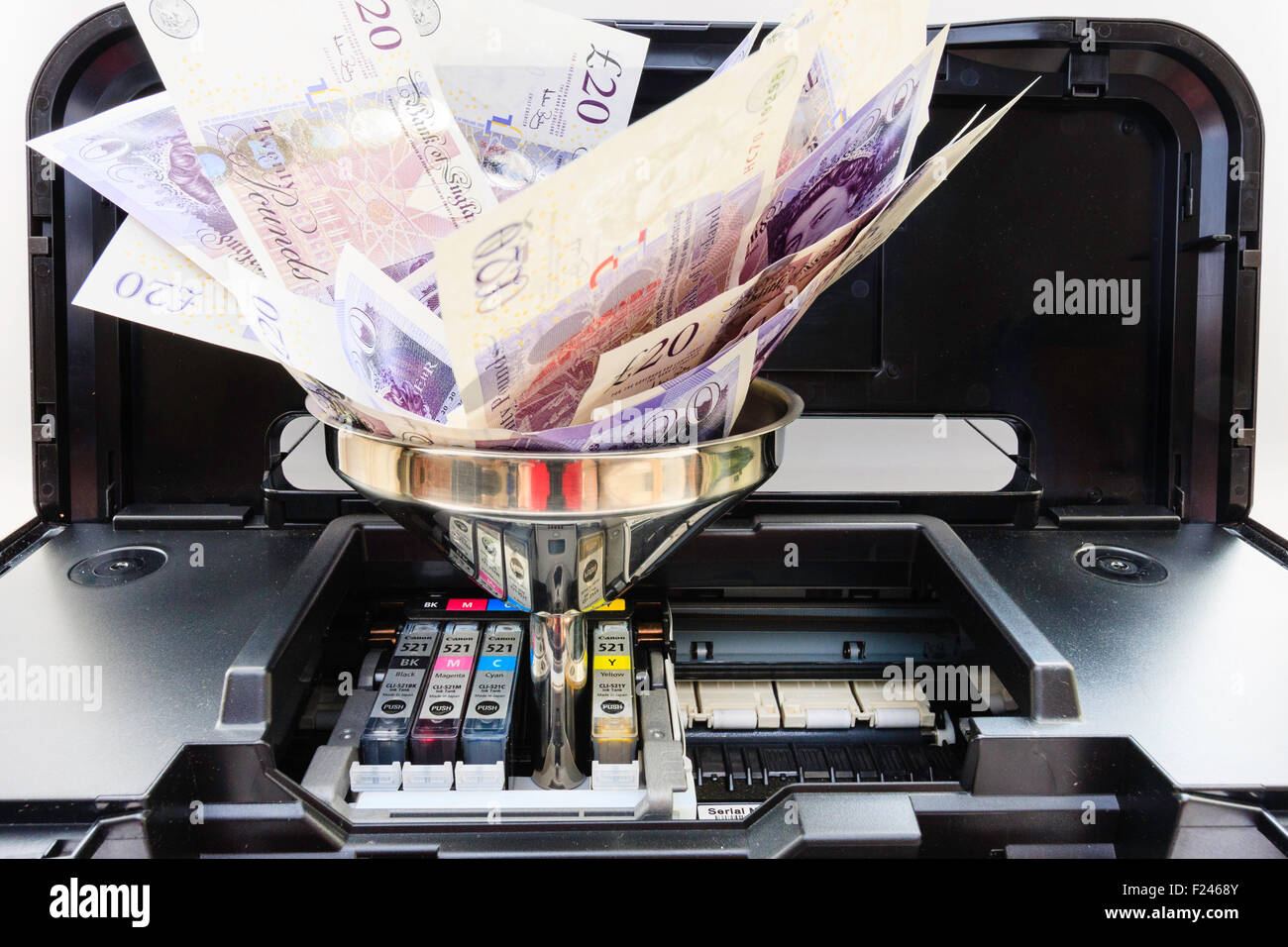 Inkjet printer with ink cartridge replaced by metal funnel and £20 ...