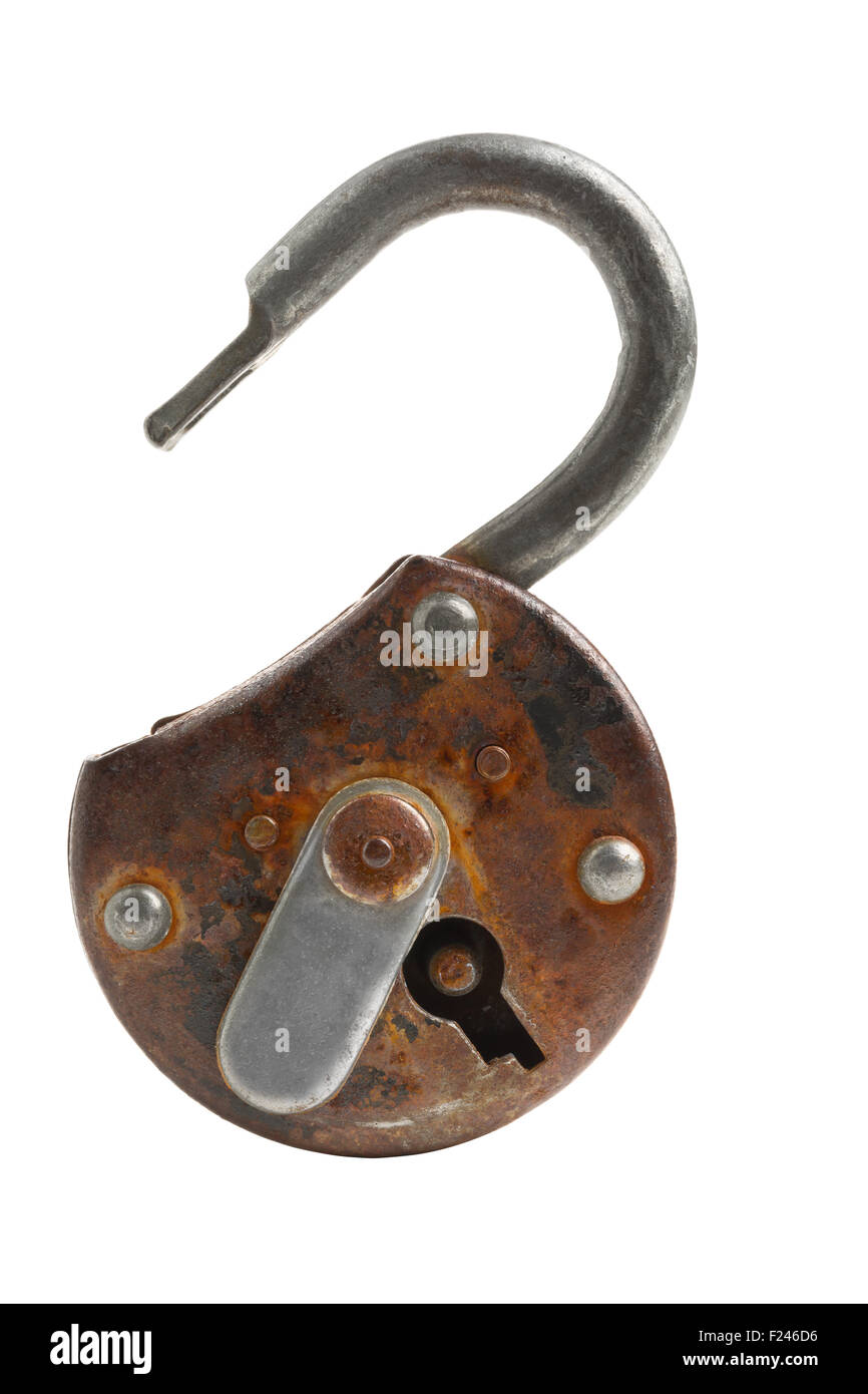 Old rusty padlock with open latch isolated on white background Stock ...