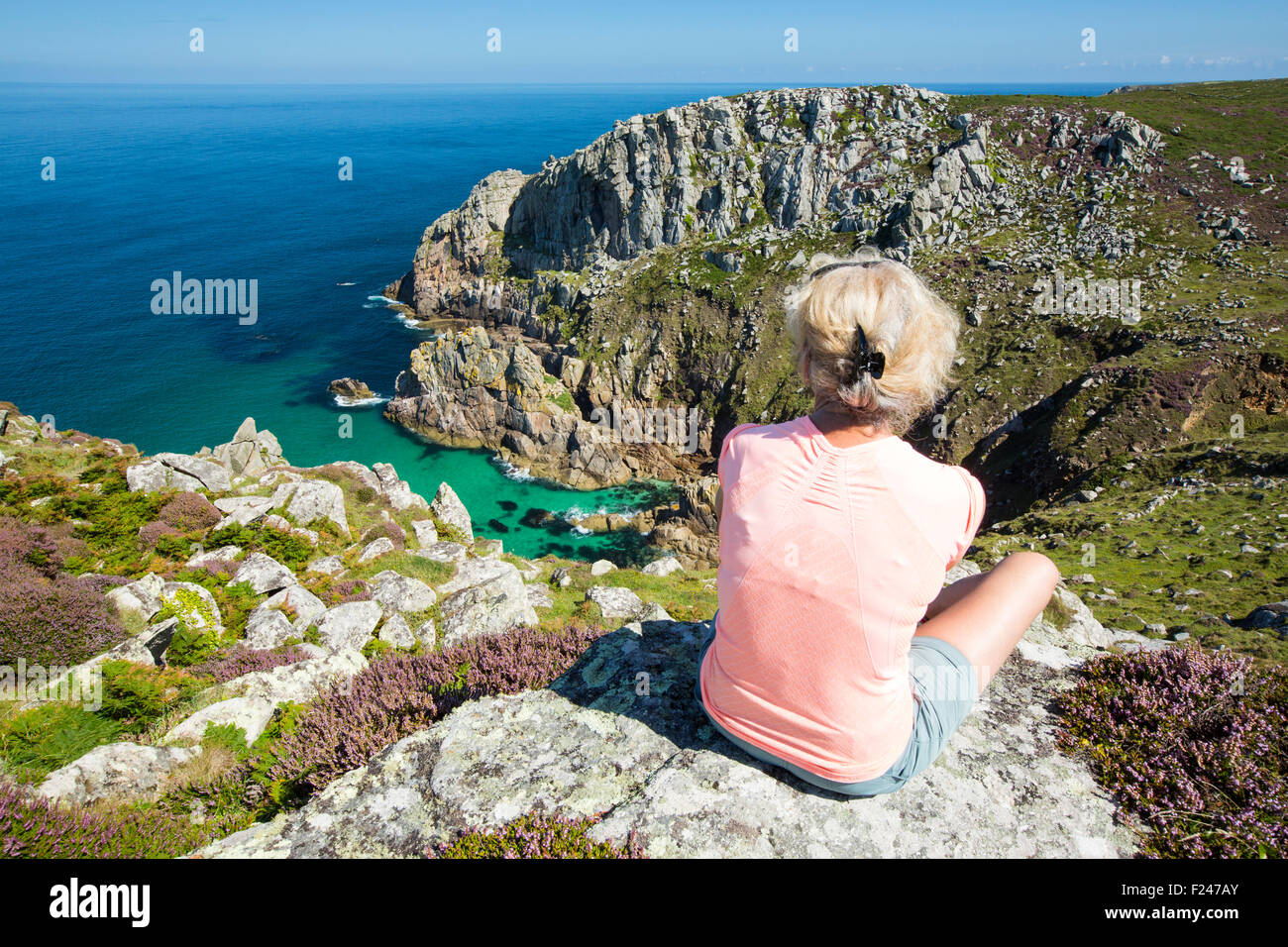 Granite sea cliffs at Bosigran on Cornwall's North Coast, UK, with a ...