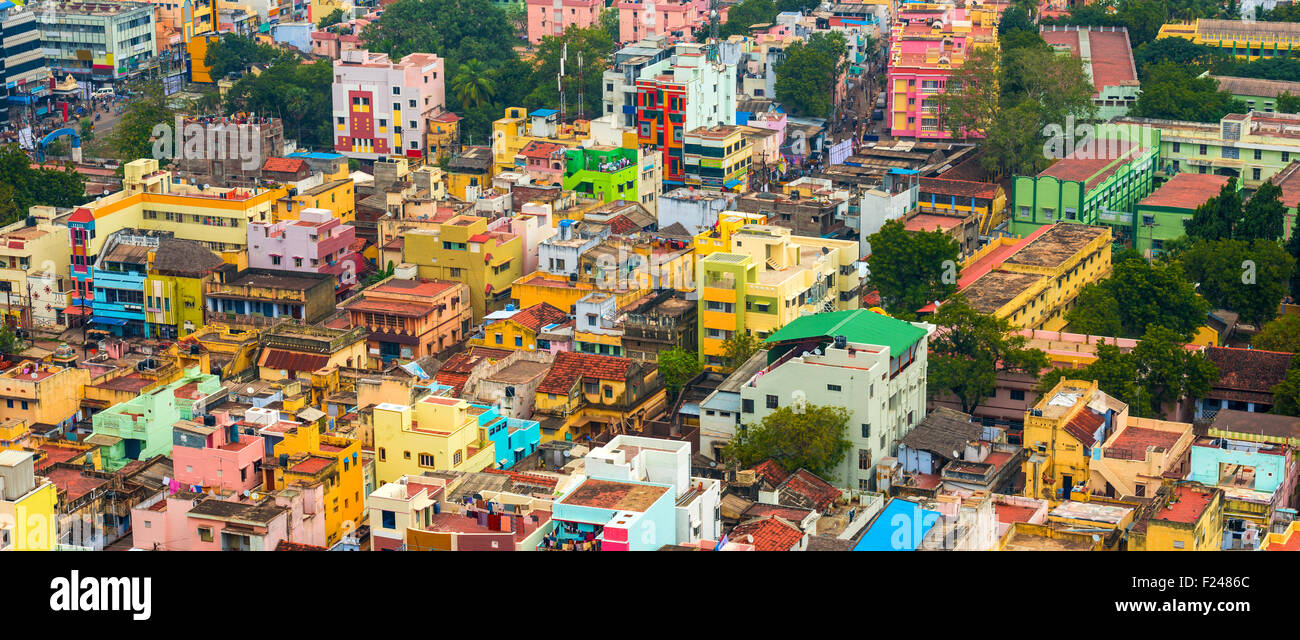 cityscape of colorful homes in crowded Indian city Trichy, panorama ...