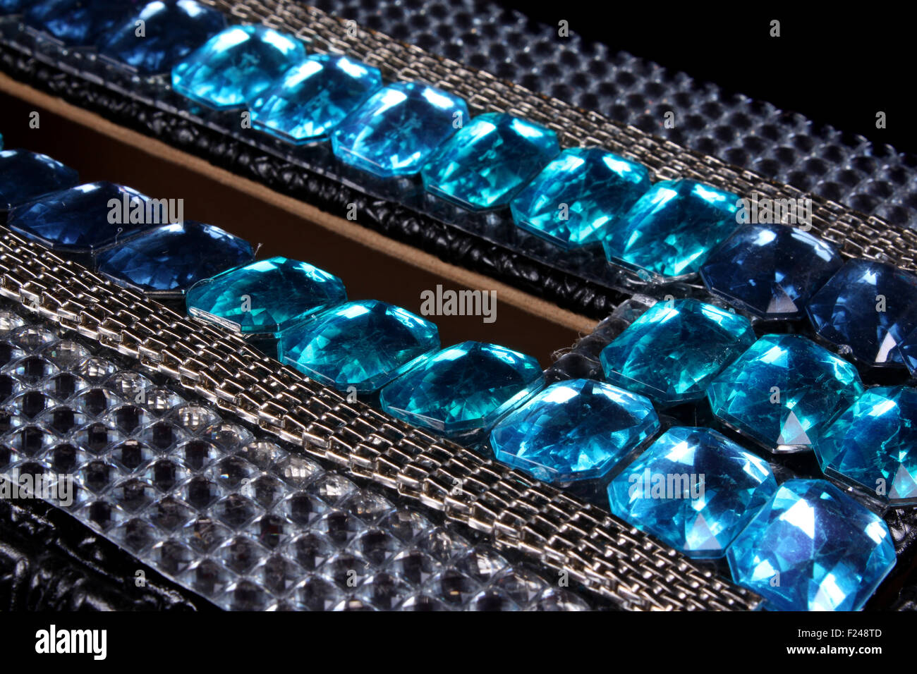 A beautiful design of blue beads and silver sequins on an old box Stock ...