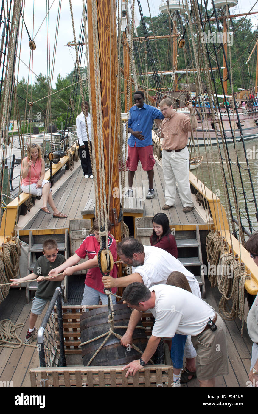 Demonstration of hoisting the barrel (needle hitching), Historic ...