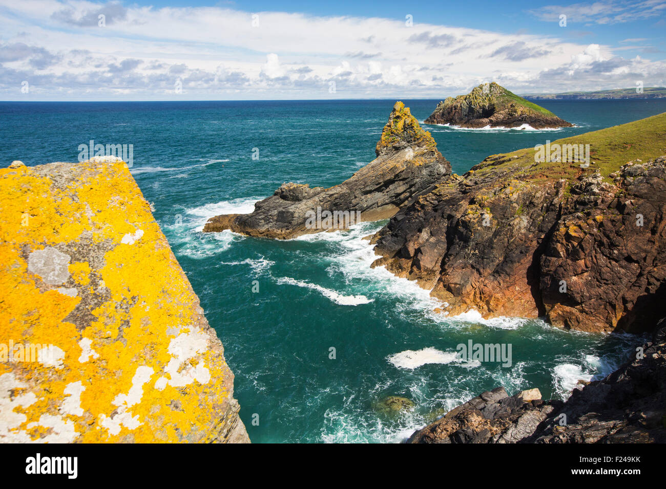 Lichen covered rocks on Rumps Point near Polzeath, Cornwall, UK Stock ...