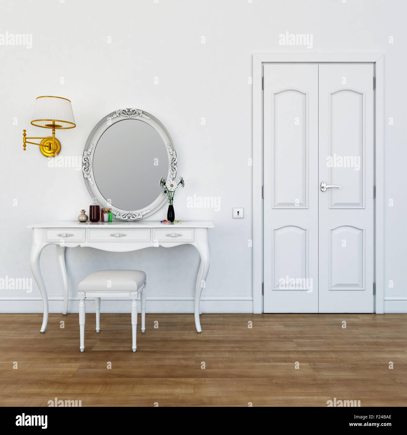 Ladies' table with mirror on background wall and door Stock Photo - Alamy