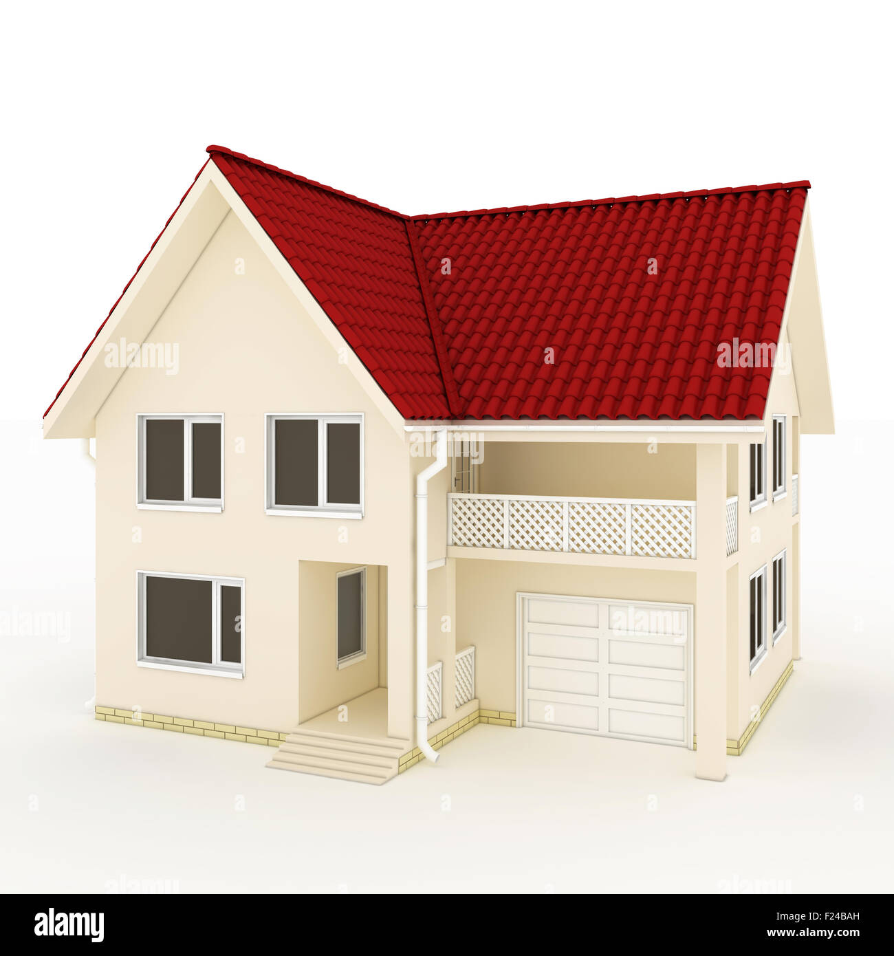 Two-storey cottage with balcony and garage Stock Photo - Alamy