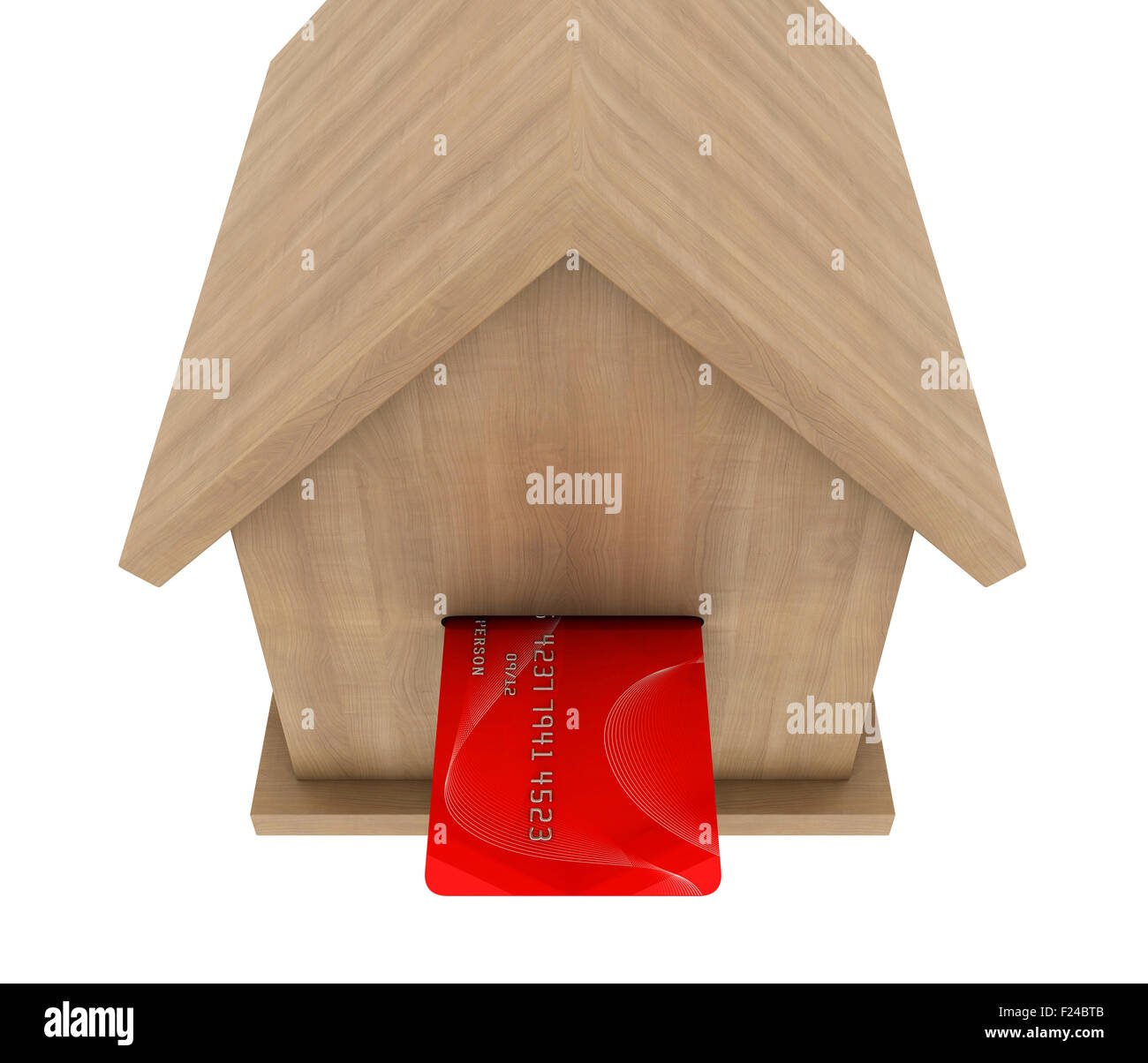Wooden house with a red bank card inserted in it Stock Photo - Alamy